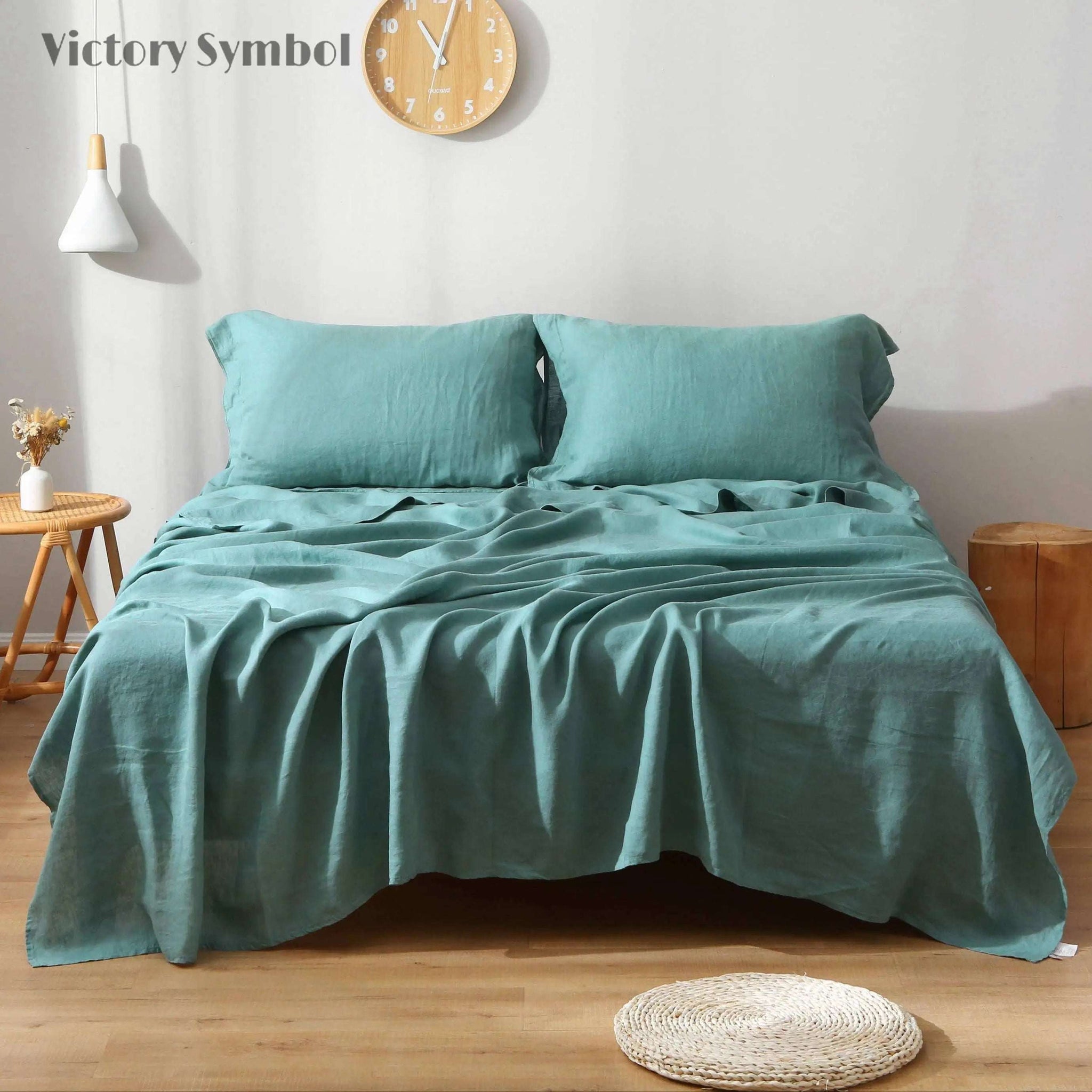 Mint Green 100% Organic Linen Sheets Set - Victory Symbol