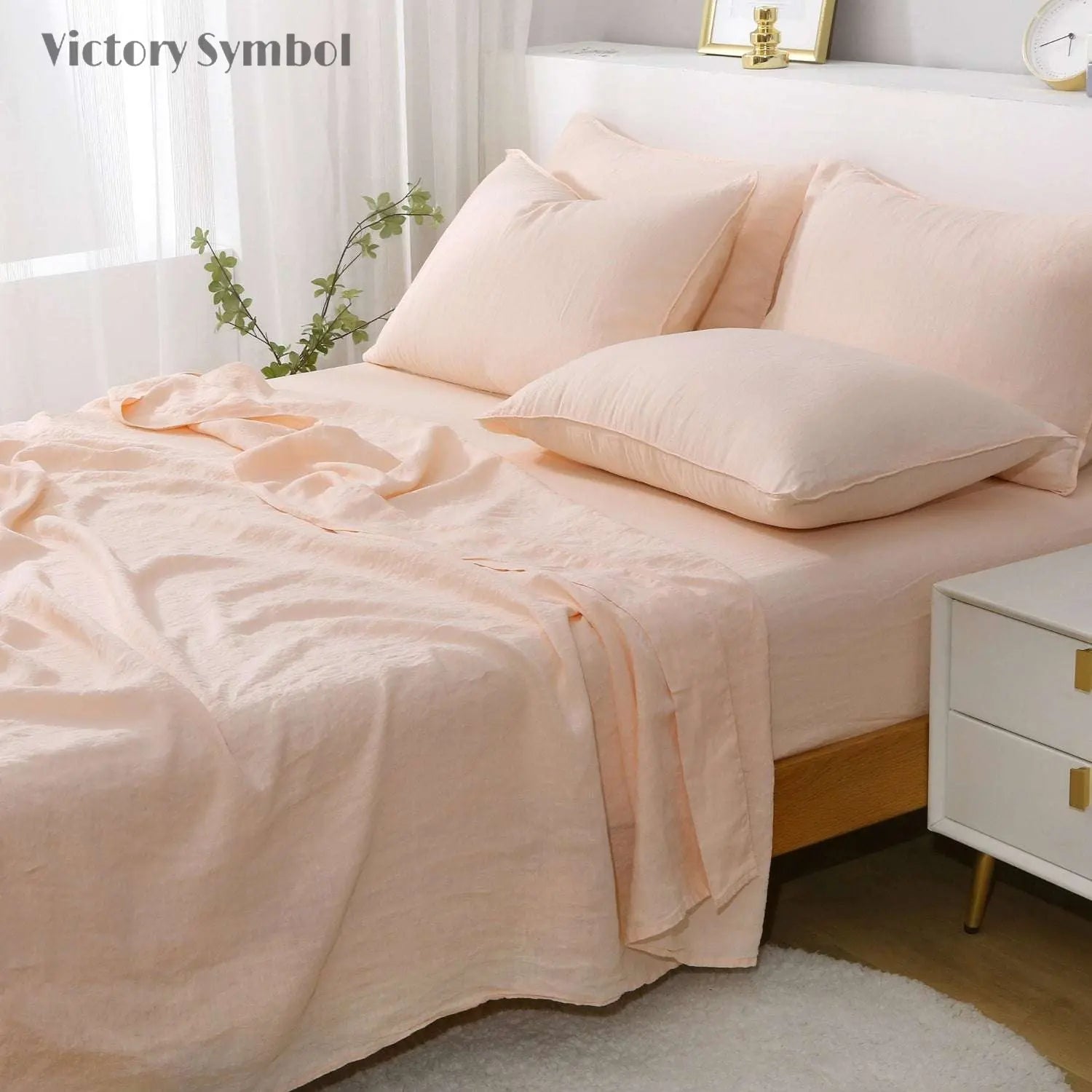 Pale Pink 100% Organic Linen Sheets Set - Victory Symbol